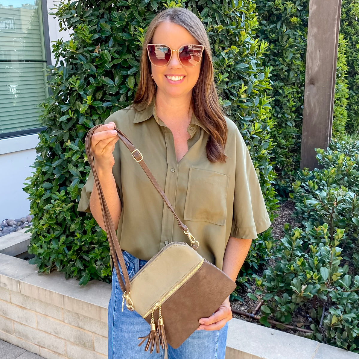 Jen & Co Tara Dual Zip Vegan Crossbody - Khaki Two Tone – Lyla's ...